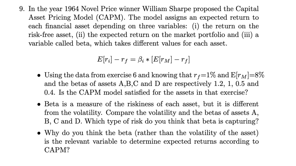 9 in the year 1964 novel price winner william sharpe proposed the ...