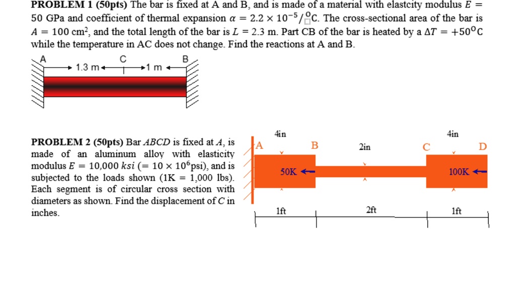 SOLVED: PROBLEM 1 (50 pts) The bar is fixed at A and B, and is made of ...