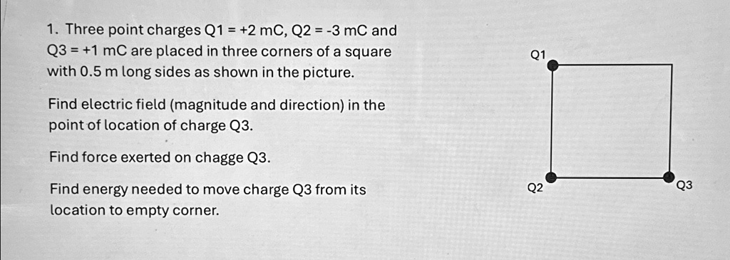 three point charges q1 2 mc q2 3 mc and q3 1 mc are placed in three corners of a square with 05 ...