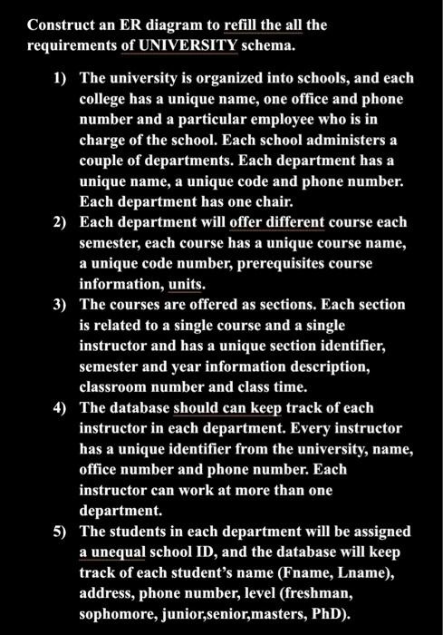 SOLVED: Construct an ER diagram to fulfill all the requirements of the UNIVERSITY schema. The ...
