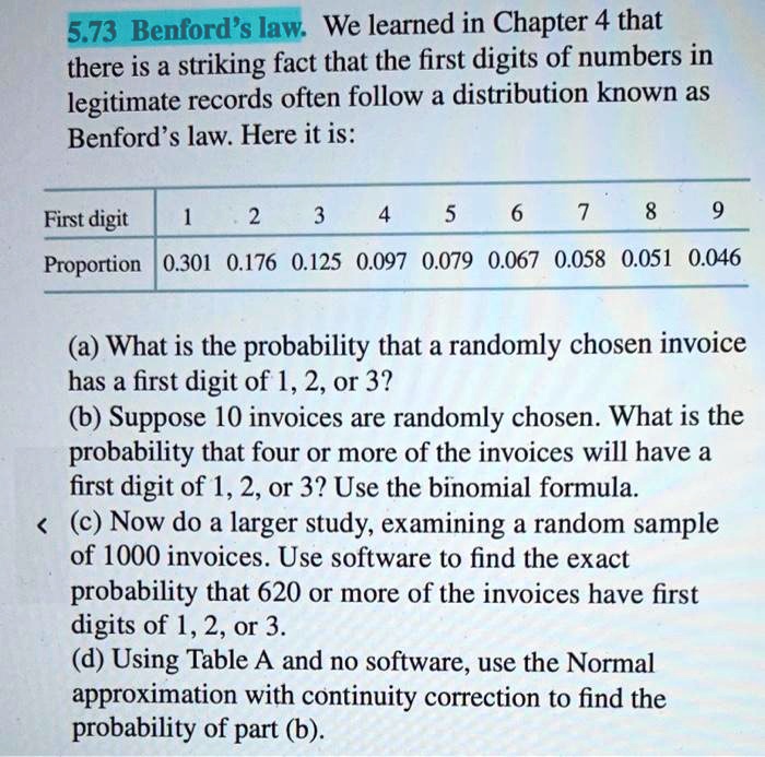 SOLVED: 5.73 Benford's law We learned in Chapter 4 that there is a ...