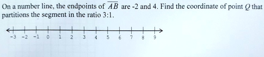 SOLVED: On a number line, the endpoints of AB are -2 and 4. Find the coordinate of point Q that ...