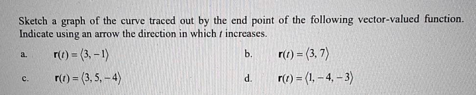 Sketch graph of the curve traced out by the end point of the following vector-valued function ...