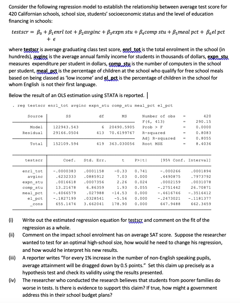 SOLVED: Consider the following regression model to establish the relationship between average ...