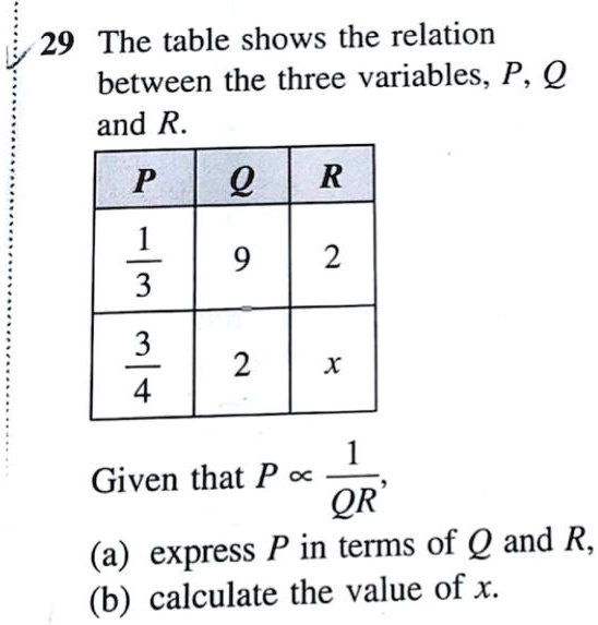 SOLVED: 29 The table shows the relation between the three variables, P, Q and R P Q R 3 9 3 4 2 ...