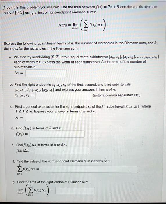 SOLVED:point) In this problem you will calculate the area betweenf(x) = Tr + 9 and the X-axis ...