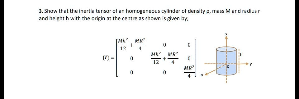 SOLVED: Show that the inertia tensor of a homogeneous cylinder of density P, mass M, and radius ...