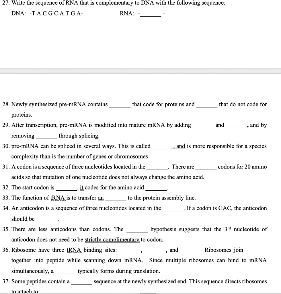 27 write the sequence of rna that is complementary to dna with the ...
