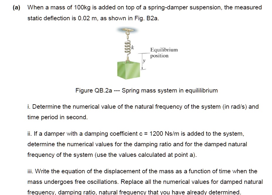 (a) When a mass of 100kg is added on top of a spring-damper suspension ...