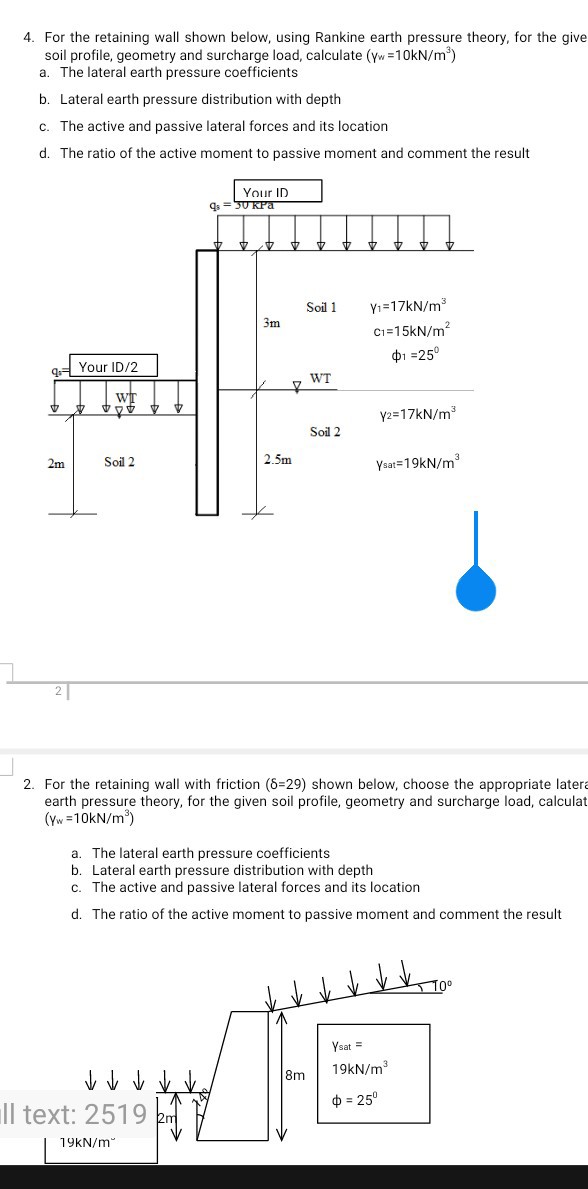 4 for the retaining wall shown below using rankine earth pressure ...
