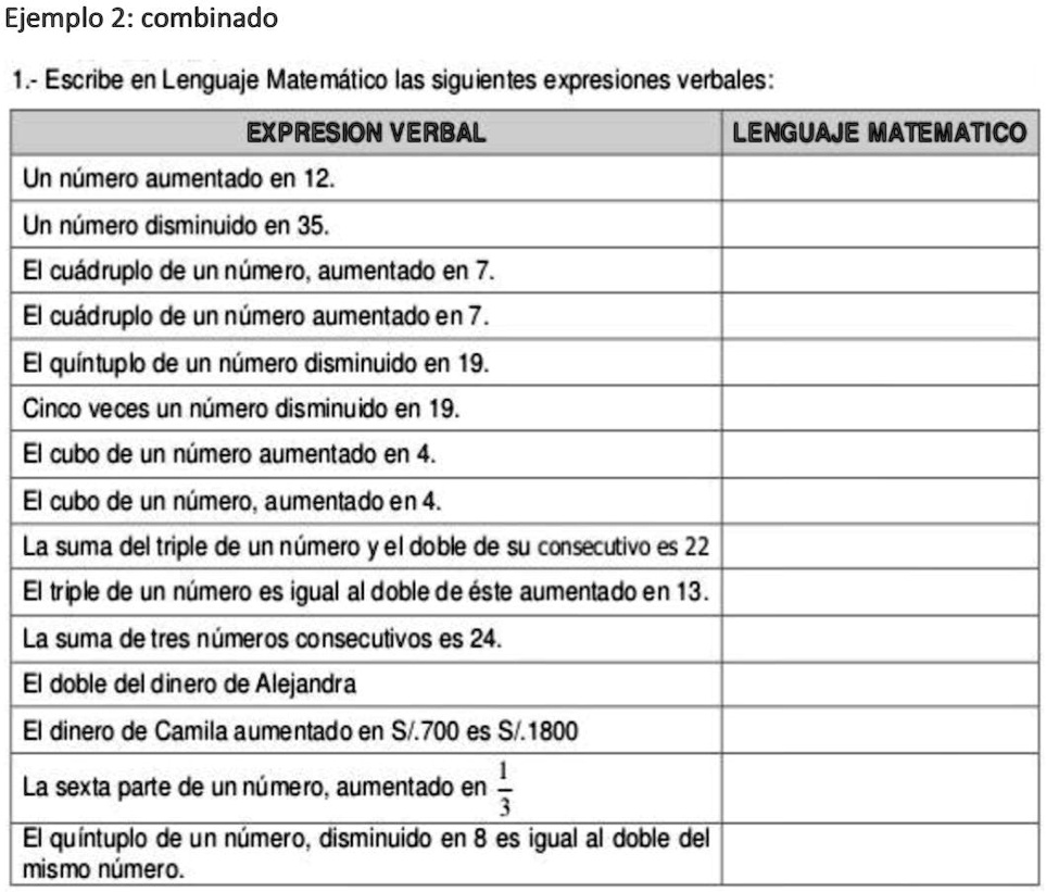 Quien sabe la respuesta del lenguaje algebraico? Ejemplo 2: combinado 1, Escribe en Lenguaje ...