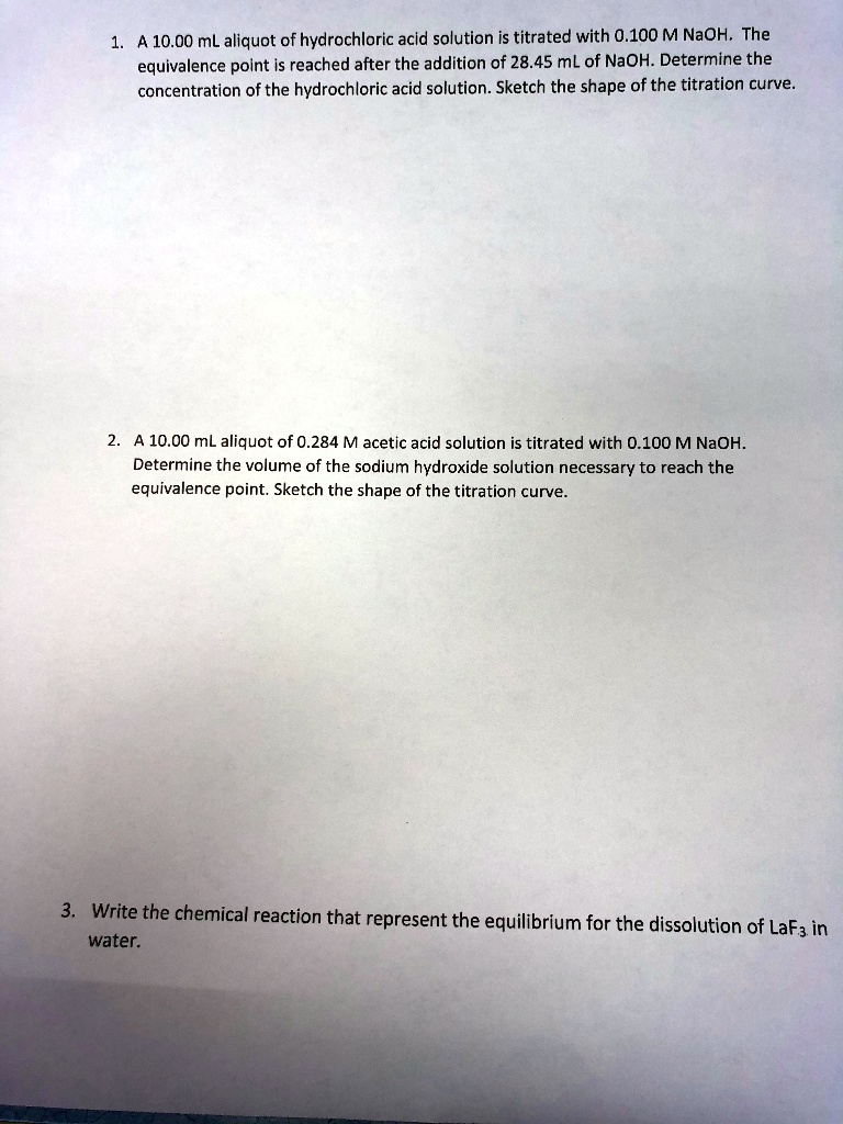 SOLVED: A 10.00 mL aliquot of hydrochloric acid solution is titrated with 0.100 M NaOH; The ...