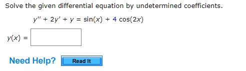 SOLVED: Solve the given differential equation by undetermined coefficients 2y' y = sin(x) cos(2x ...