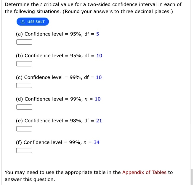 SOLVED: Determine the t critical value for a two-sided confidence ...