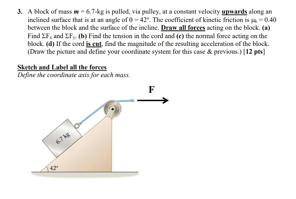 SOLVED: A block of mass m = 6.7 kg is pulled, via a pulley, at a constant velocity upwards along ...