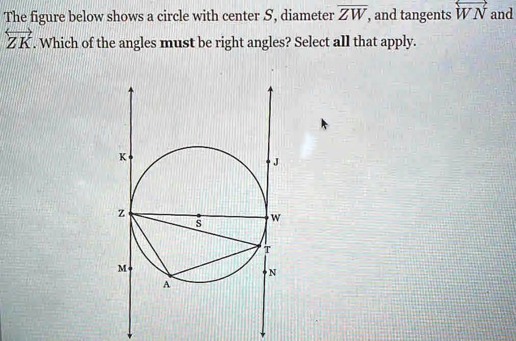 SOLVED: The figure below shows a circle with center S , diameter ZW ...