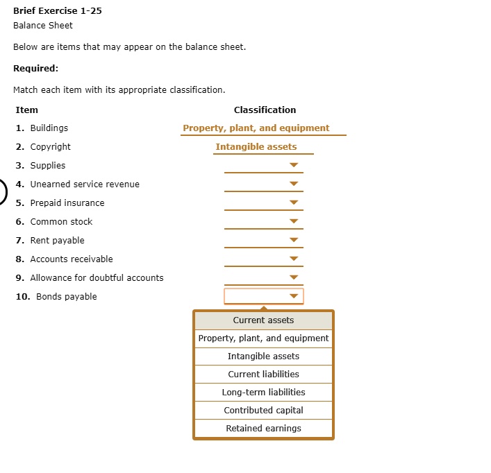 Brief Exercise 1-25 Balance Sheet Below are items that may appear on the balance sheet. Required ...