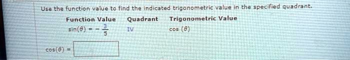 SOLVED:Use the function alue to find the Indicated trig nometric value the specified quadrant ...