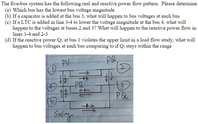 The five-bus system has the following real and reactive power flow pattern. Please determine (a ...
