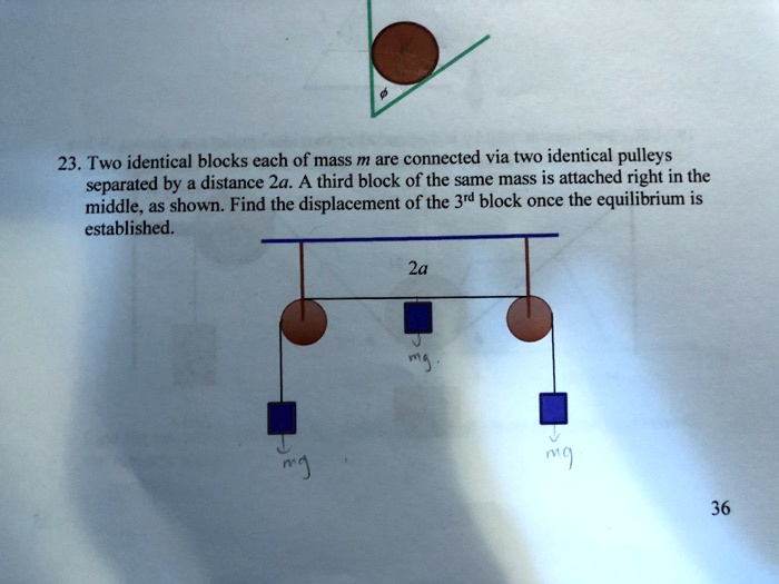 SOLVED: 23. Two identical blocks each of mass m are connected via two identical pulleys ...
