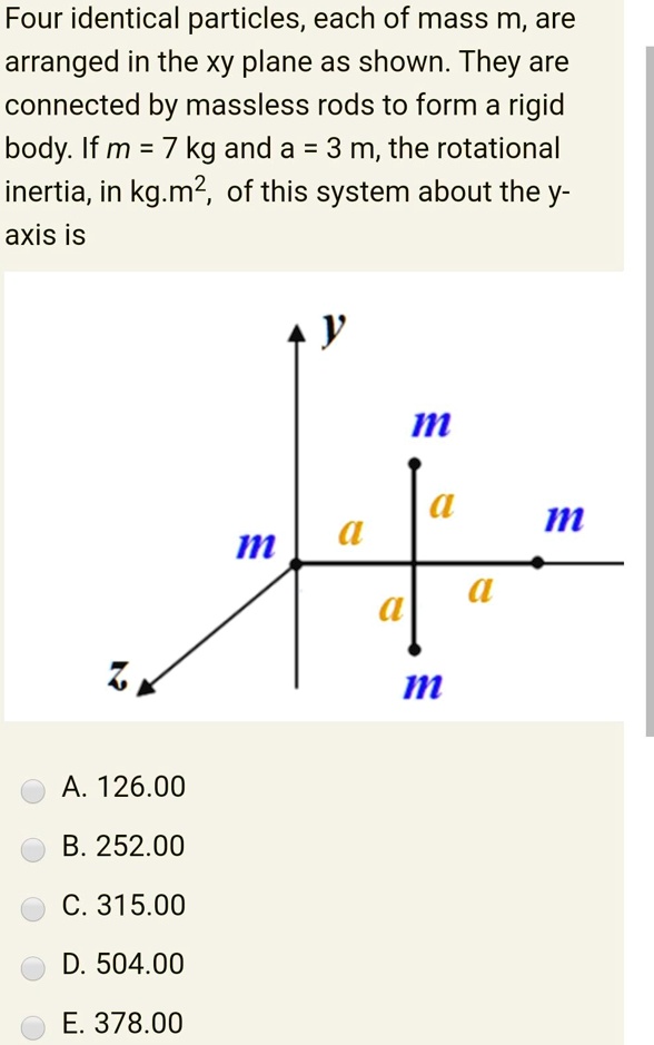 four identical particles each of mass m are arranged in the xy plane as ...