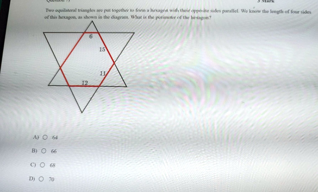Two equilateral triangles are put together to form a hexagon with their ...