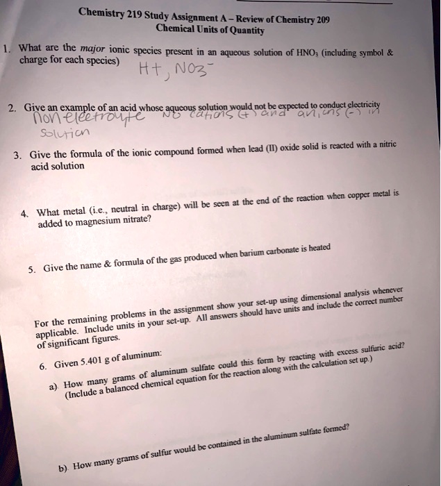 SOLVED: Chemistry 219 Study Assignment - Review of Chemistry 209 ...