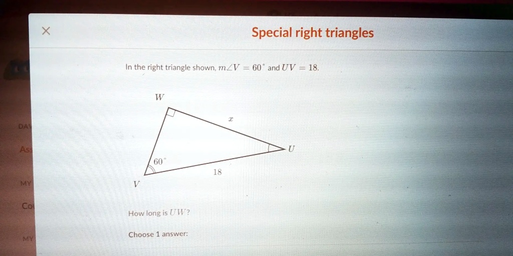 Special right triangles In the right triangle shown, m∠ V = 60^∘ and UV ...
