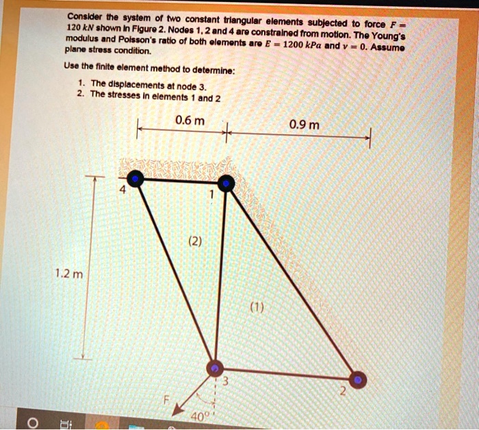 SOLVED: Consider the system of two constant triangular elements subjected to force F= 120 kN ...
