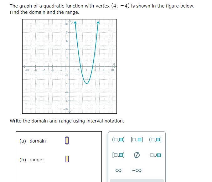 SOLVED: The graph of a quadratic function with vertex (4,-4) is shown ...