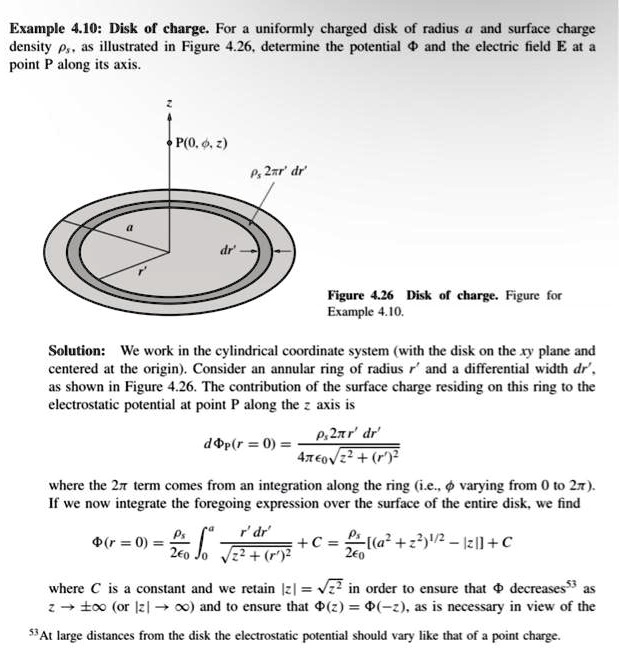 SOLVED: Example 4.10: Disk of charge. For a uniformly charged disk of ...