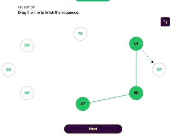 [GET ANSWER] Question Drag the line to finish the sequence. 3M N6 7S L4 A7 Next 8K 5P Q2