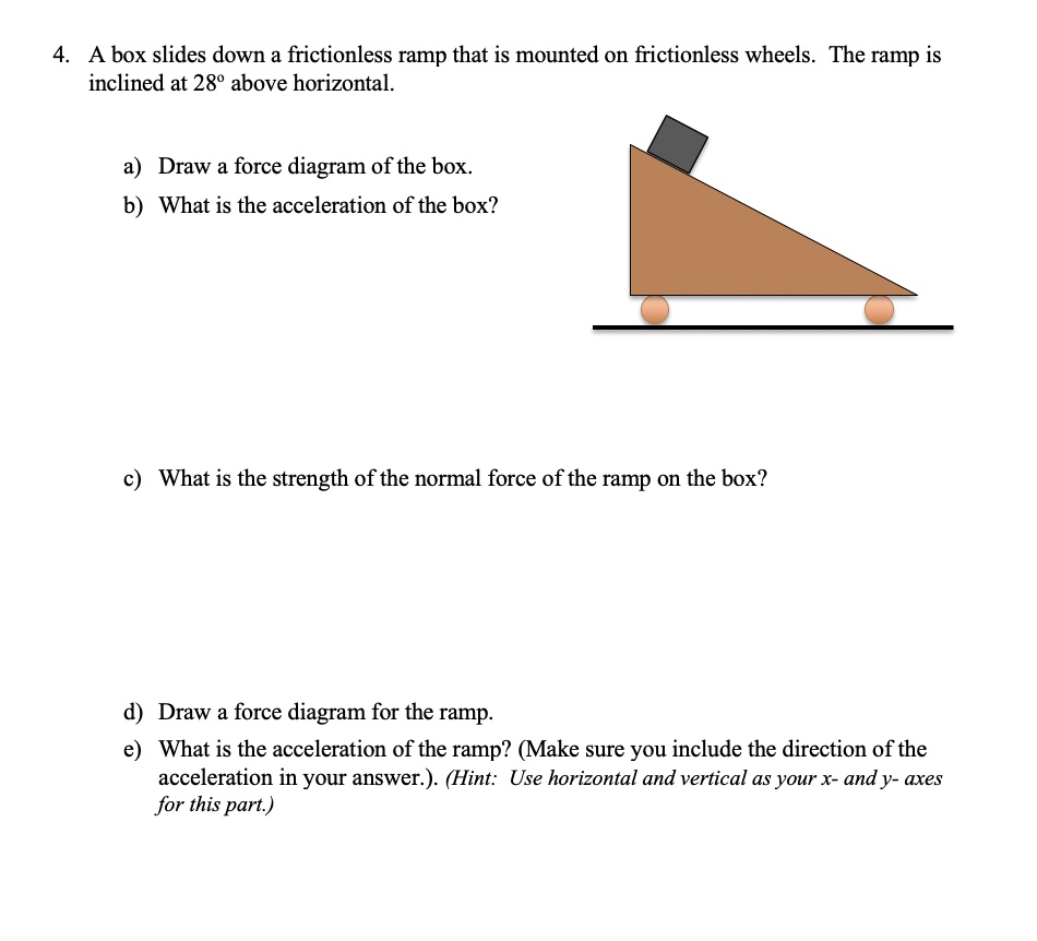 SOLVED: A box slides down a frictionless ramp that is mounted on frictionless wheels. The ramp ...