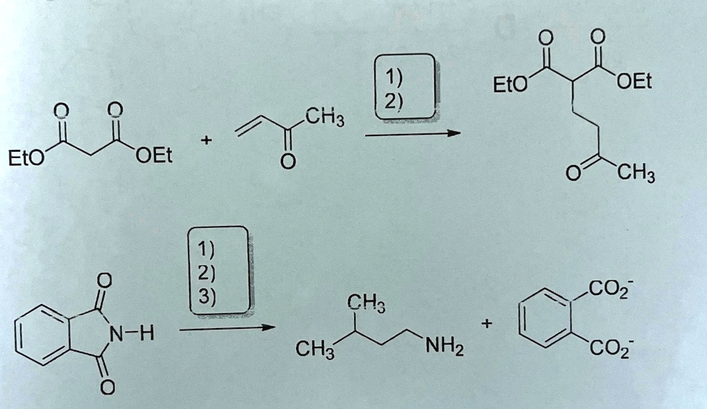 EtOC=OCH2CH2(C=O)OEt + CH3C(O)CH=CH2 [2)]1 EtOC=OC(CH2C(O)CH3)C(O)OEt 1))) → CH3CH(CH3)CH2NH2 ...
