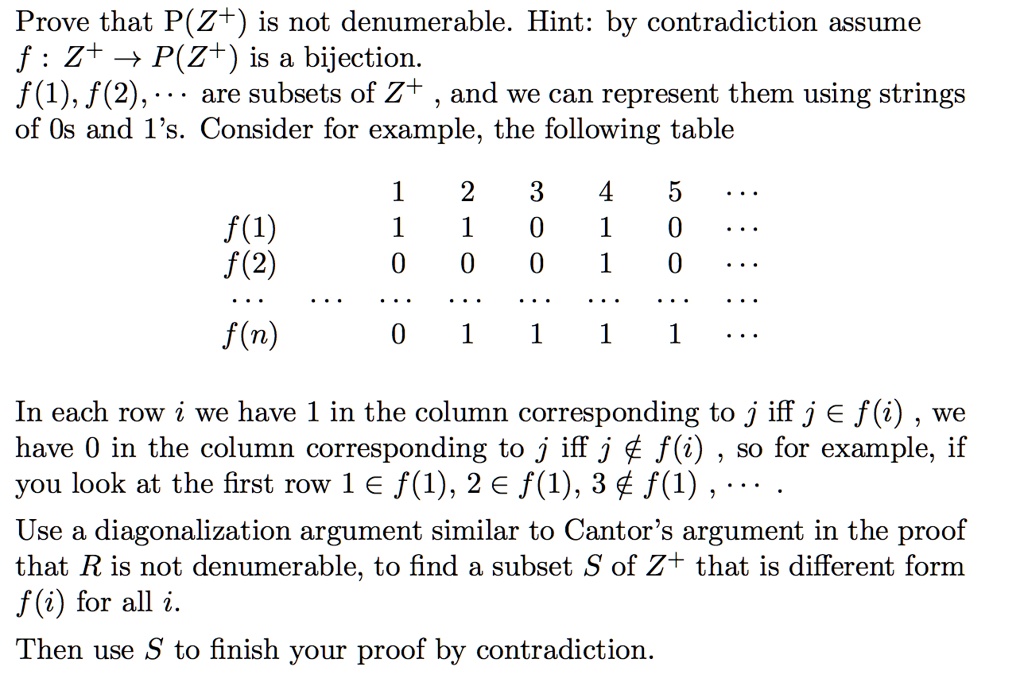 SOLVED: Prove that P(Z+) is not denumerable. Hint: by contradiction assume f : Z+ P(Z+) is a ...