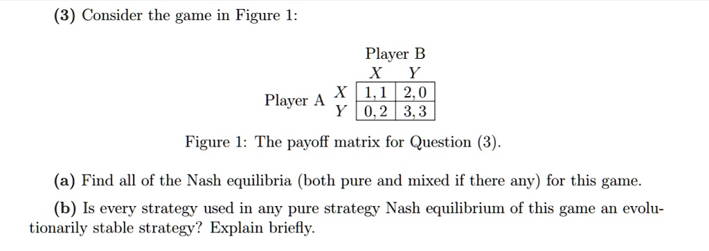 SOLVED: Consider the game in Figure 1: Player B x Y Player A X 1,1 2,0 ...