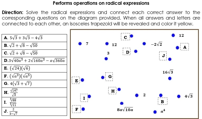 SOLVED: Performs operations on radical expressions Direction: Solve the ...