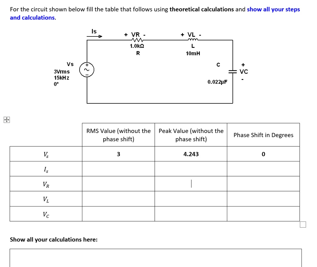 For the circuit shown below fill the table that follows using ...