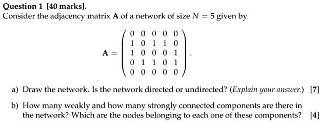 SOLVED: Question [40 marks]: Consider the adjacency matrix A of a network of size N = 5 given by ...