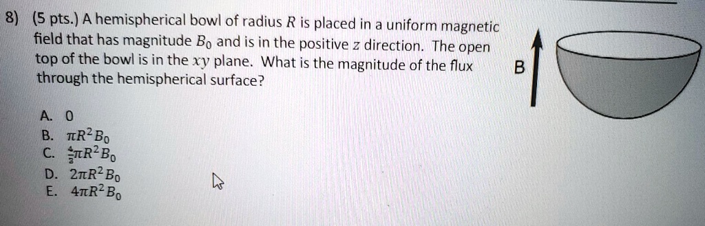 SOLVED: A hemispherical bowl of radius R is placed in a uniform magnetic field that has ...