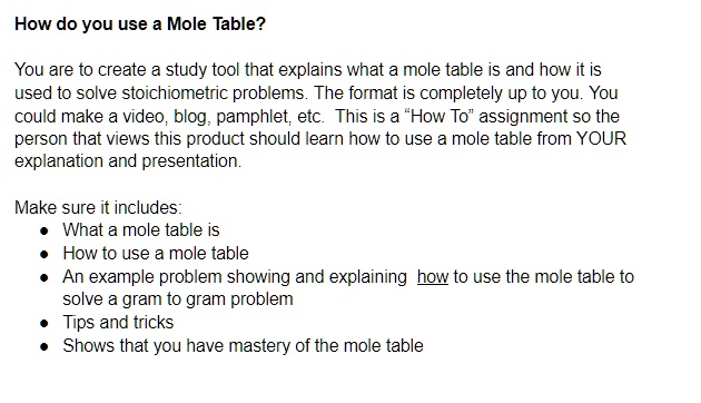 how doyou use mole table you are t0 create study tool that explains ...
