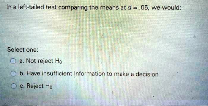 Solved In A Left Tailed Test Comparing The Means At A 05 We Would 1957
