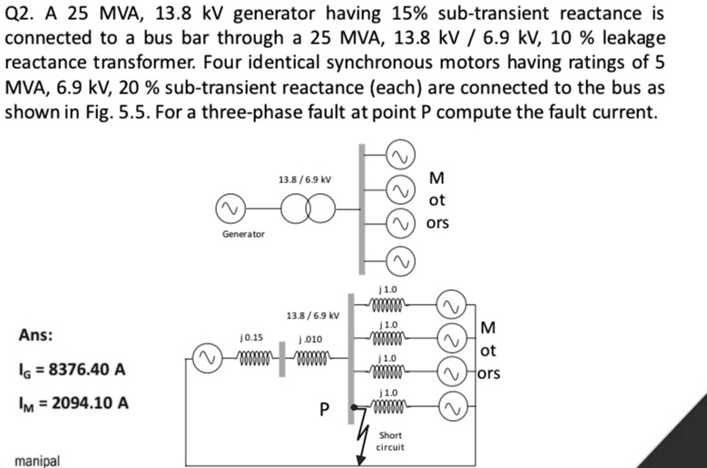 Q2. A 25 MVA, 13.8 kV generator having 15% sub-transient reactance is connected to a bus bar ...