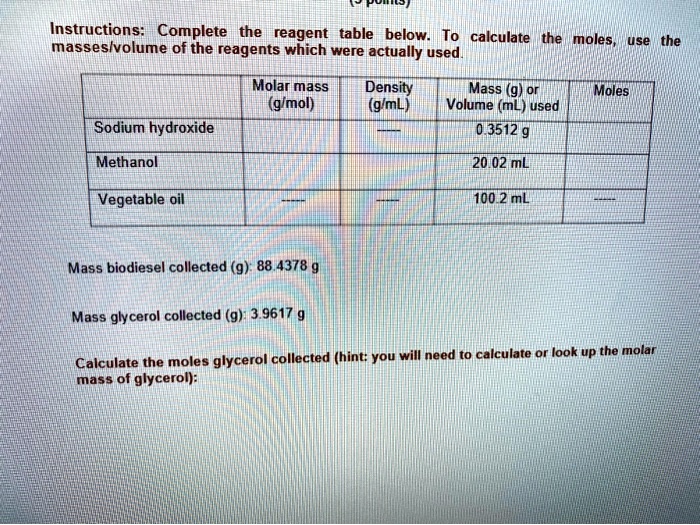SOLVED: Instructions: Complete the reagent table below: calculate the moles use the ...