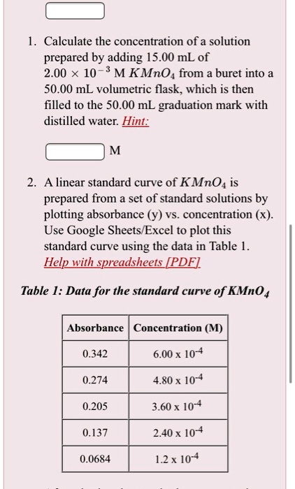SOLVED: Calculate the concentration of a solution prepared by adding 15.00 mL of 2.00 x 10^-4 M ...