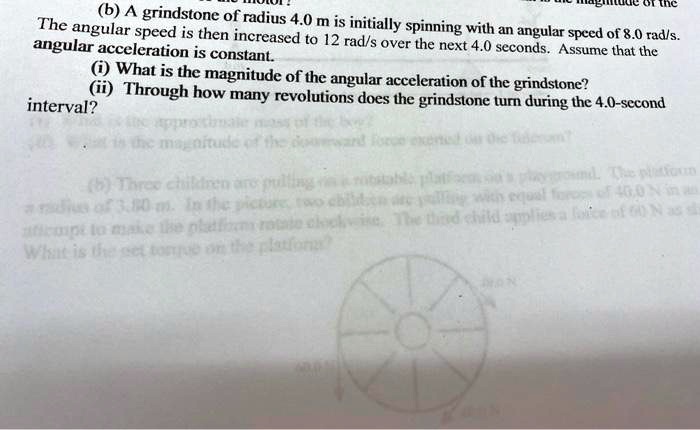 SOLVED: The grindstone of radius 4.0 m is initially spinning with an ...