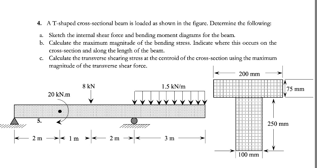 4. A T-shaped cross-sectional beam is loaded as shown in the figure. Determine the following: a ...