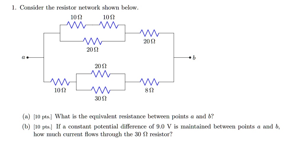 SOLVED: 1. Consider the resistor network shown below. 10 2 10 VV 20 2 20 b 20 10 2 8 S2 30 (a ...