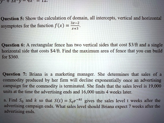 SOLVED: T3x Y Question 5: Show the calculation of domain, all intercepts, vertical and ...