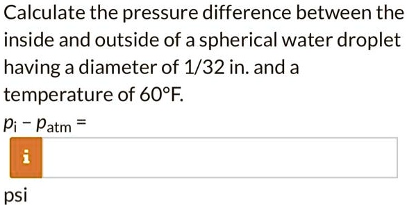SOLVED: Calculate the pressure difference between the inside and outside of a spherical water ...